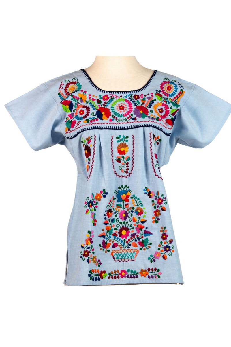 Isabel Embroidered Mexican Top - Chambray, Multicolor – Larkin Lane